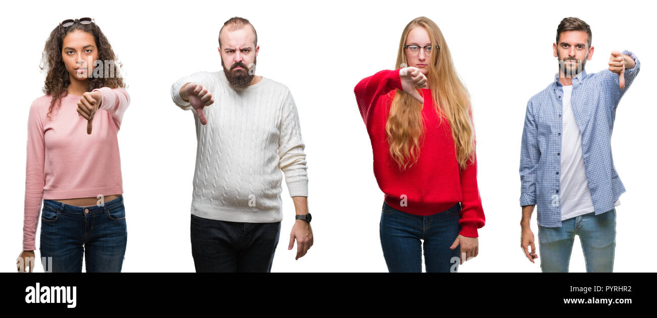 Collage of group of young people over white isolated background looking ...