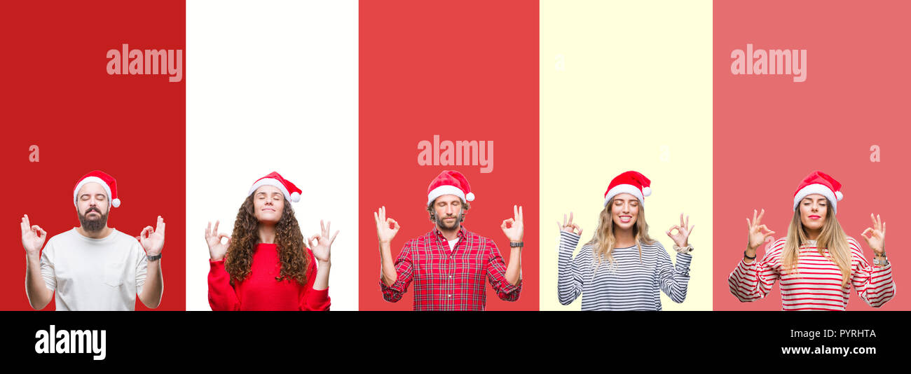 Collage of group of young people wearing chrismast hat over isolated ...