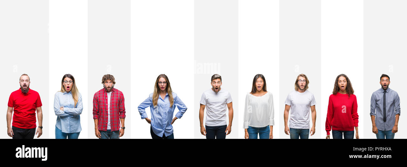 Collage of different ethnics young people over white stripes isolated ...