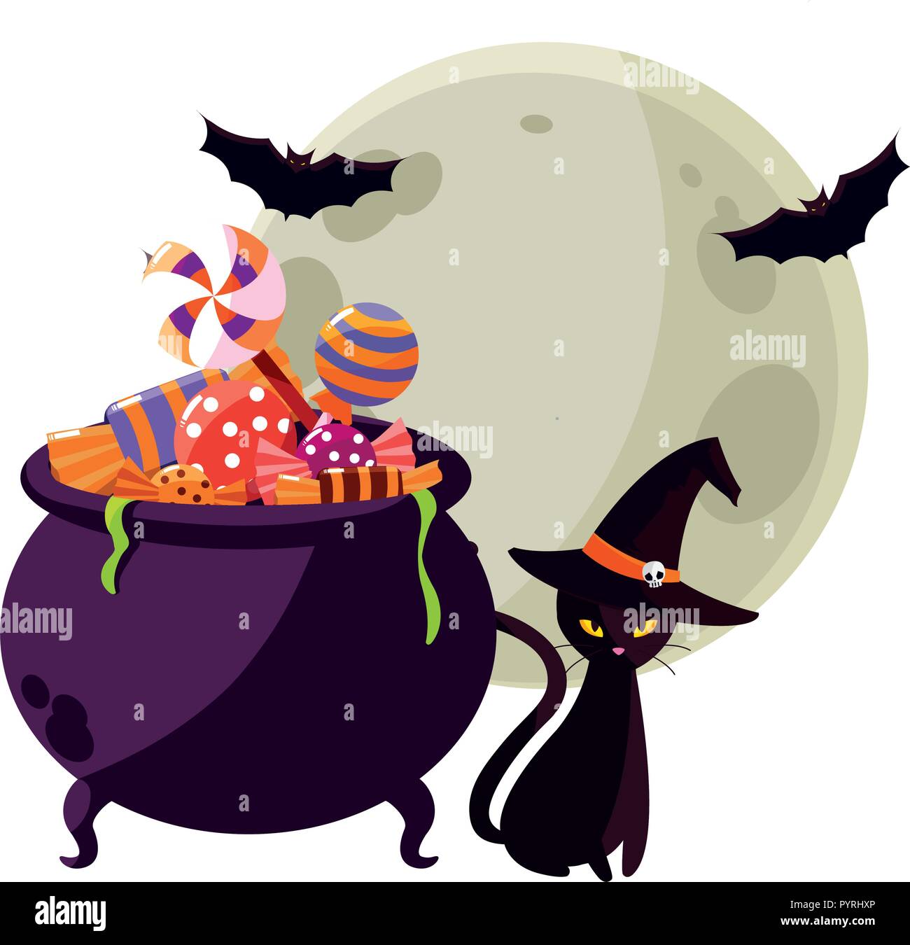 happy halloween cauldron with cat and candies vector illustration ...