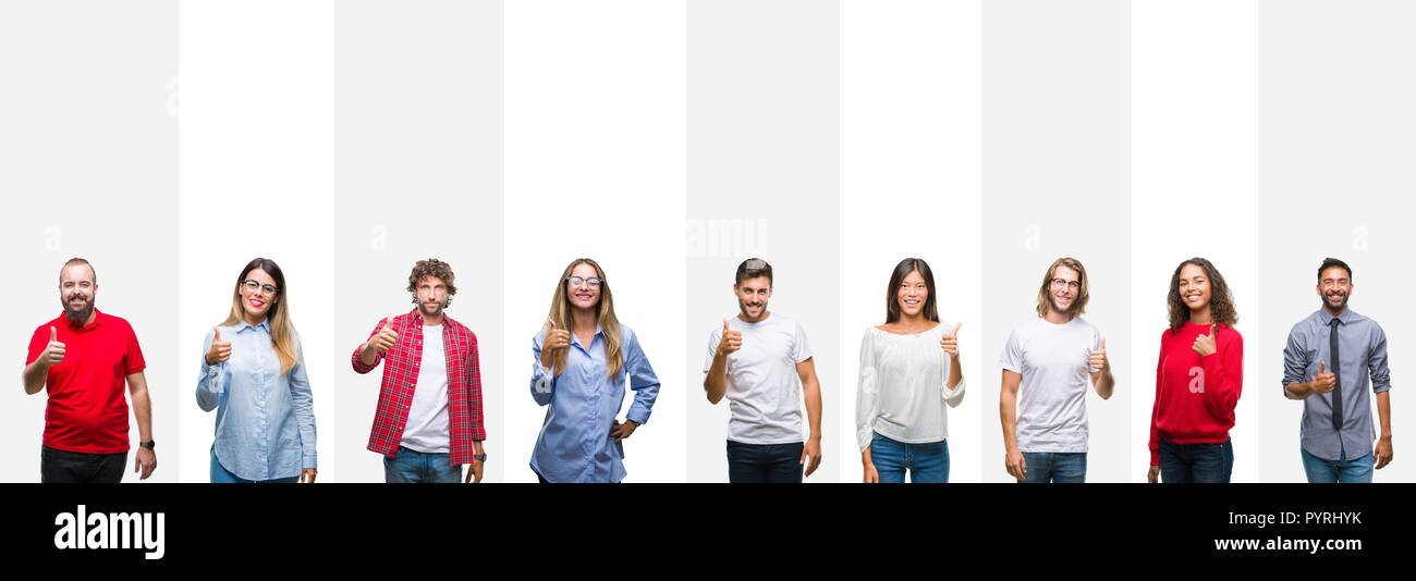 Collage of different ethnics young people over white stripes isolated ...