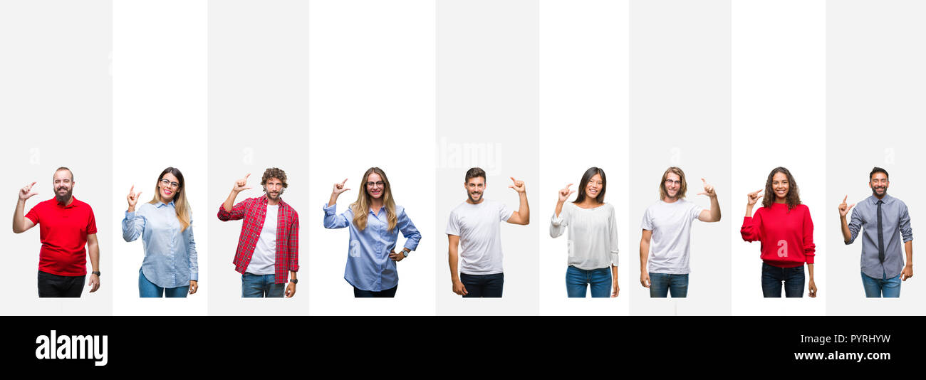 Collage of different ethnics young people over white stripes isolated ...