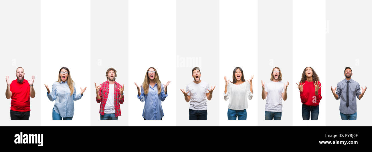 Collage of different ethnics young people over white stripes isolated ...