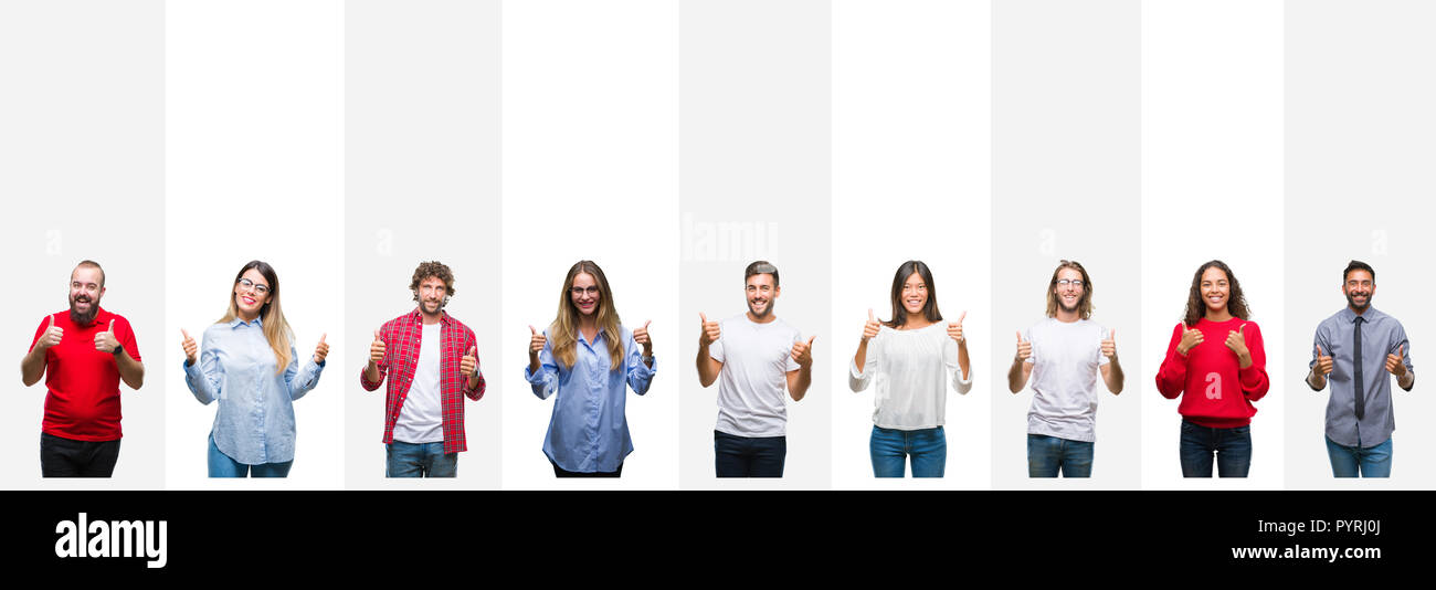 Collage of different ethnics young people over white stripes isolated ...