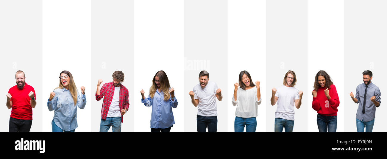 Collage of different ethnics young people over white stripes isolated ...