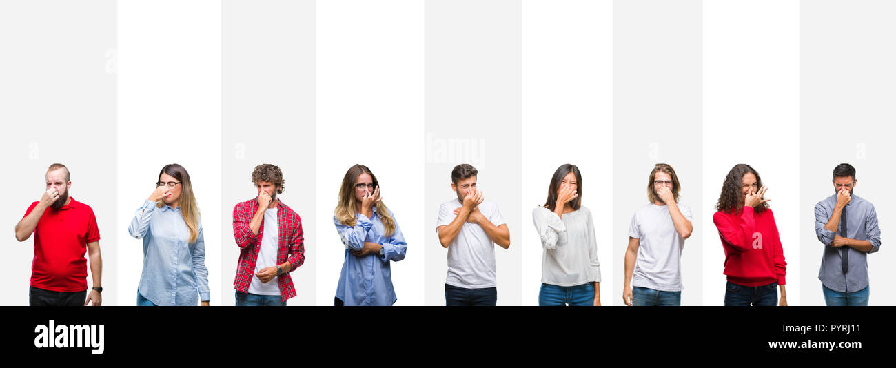 Collage of different ethnics young people over white stripes isolated ...