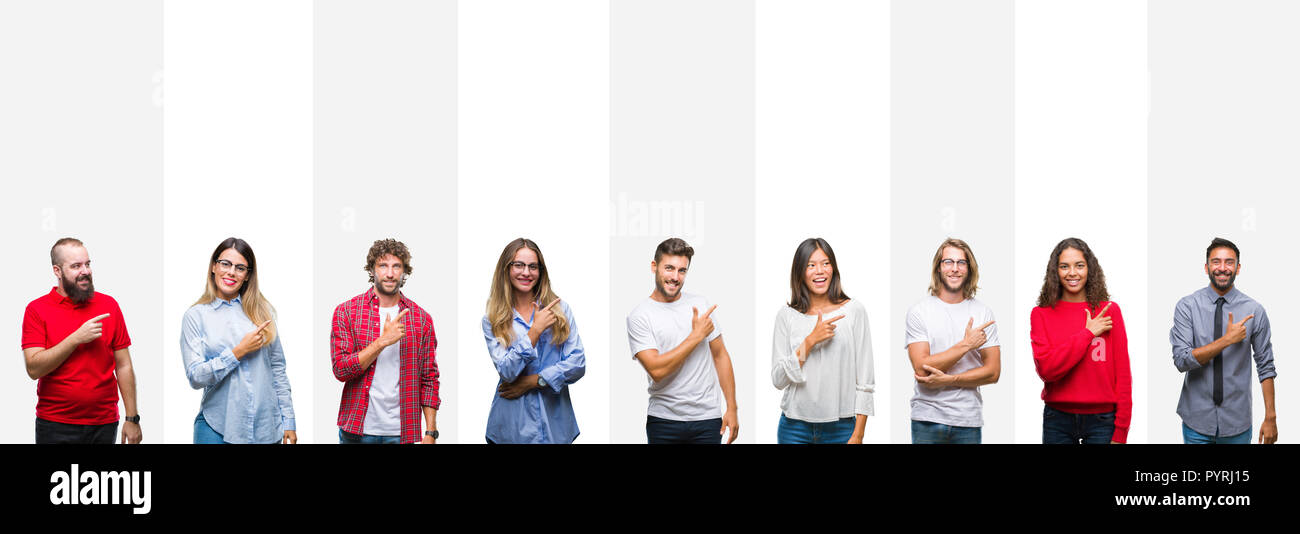 Collage of different ethnics young people over white stripes isolated ...