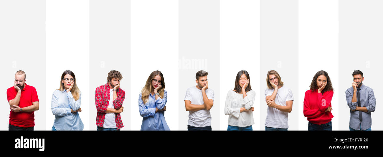 Collage of different ethnics young people over white stripes isolated ...