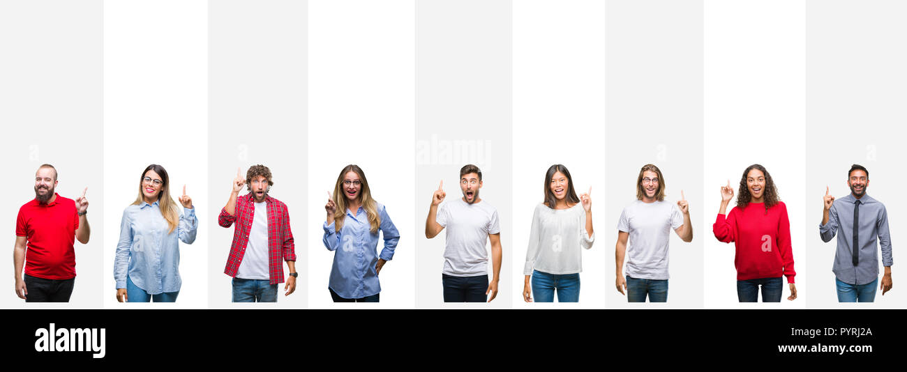 Collage of different ethnics young people over white stripes isolated ...