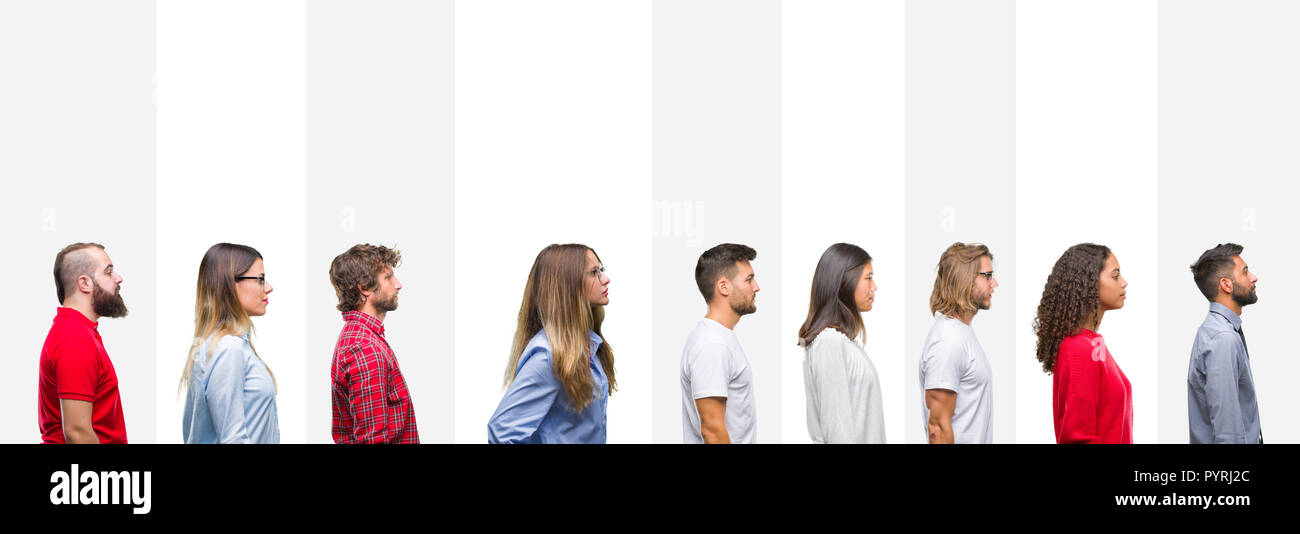Collage of different ethnics young people over white stripes isolated ...
