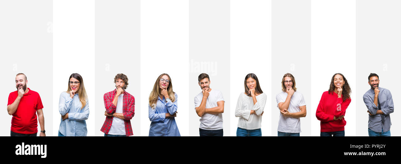 Collage of different ethnics young people over white stripes isolated ...