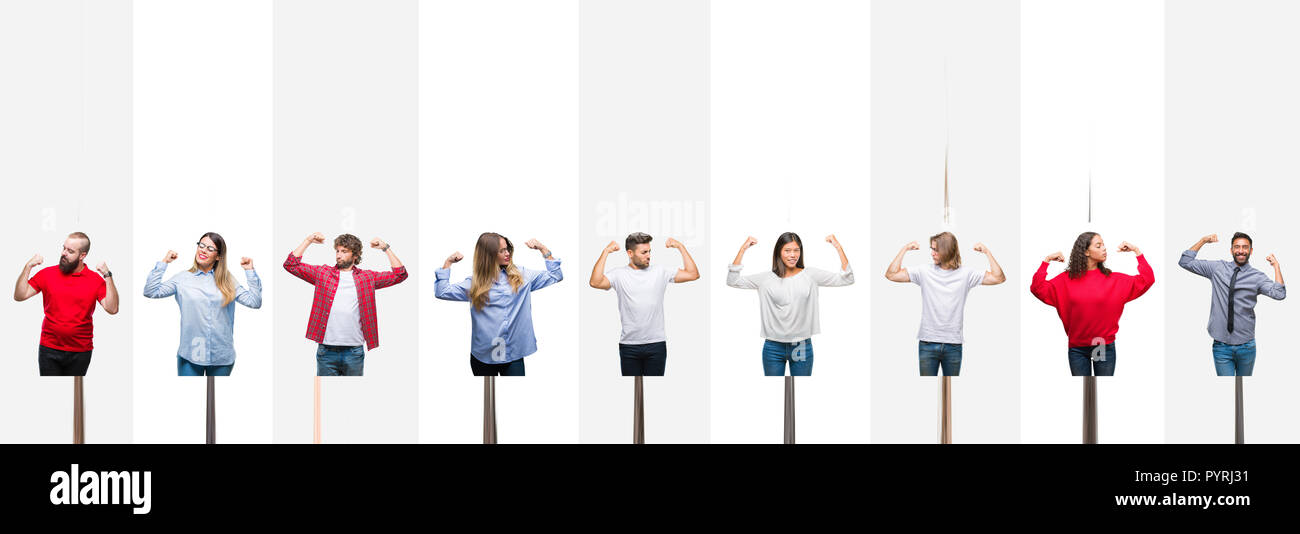 Collage of different ethnics young people over white stripes isolated ...