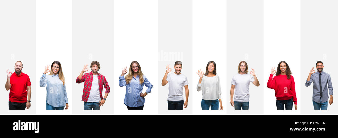 Collage of different ethnics young people over white stripes isolated ...