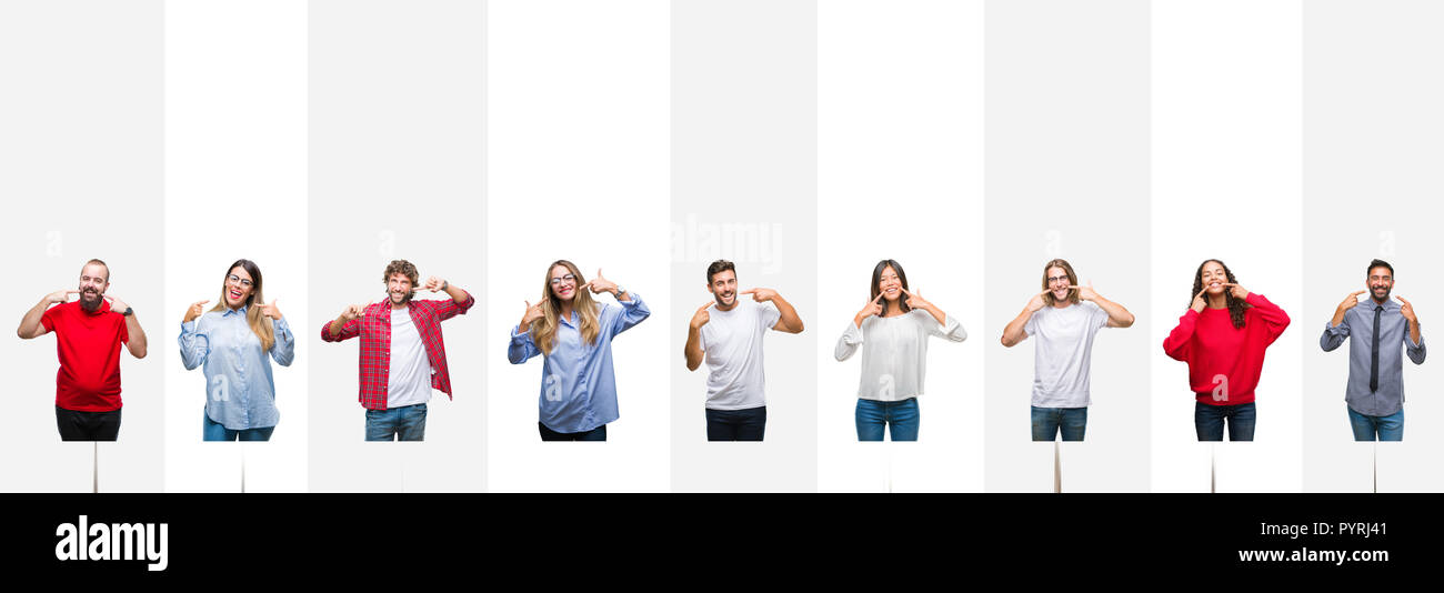 Collage of different ethnics young people over white stripes isolated ...