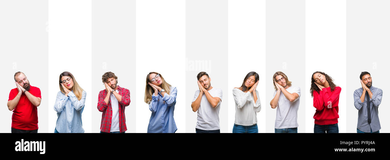 Collage of different ethnics young people over white stripes isolated ...