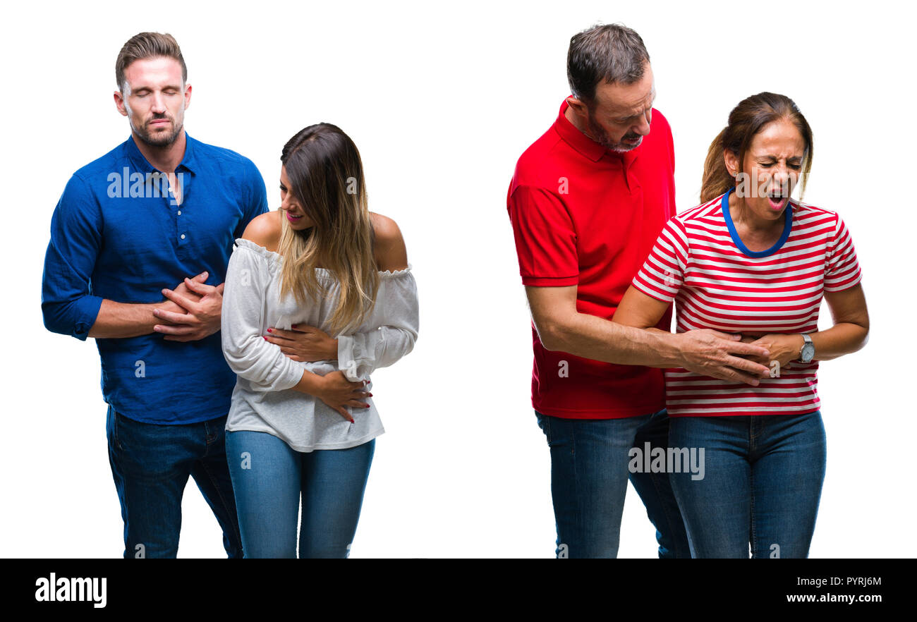 Collage of young and mature couple in love over isolated background ...