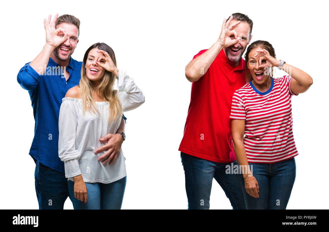 Collage of young and mature couple in love over isolated background ...