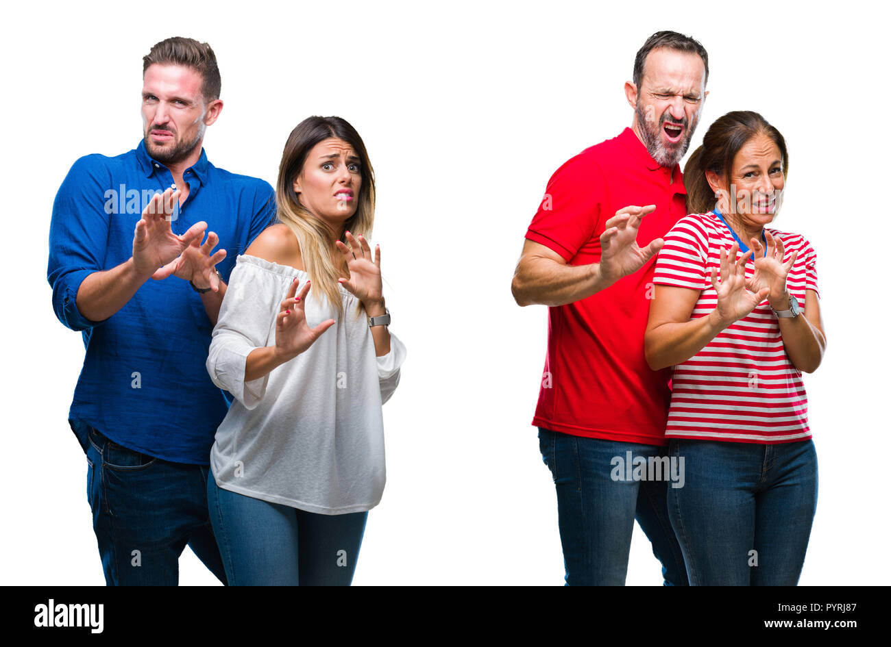 Collage of young and mature couple in love over isolated background ...