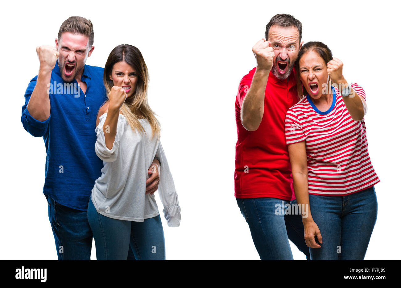 Collage of young and mature couple in love over isolated background ...
