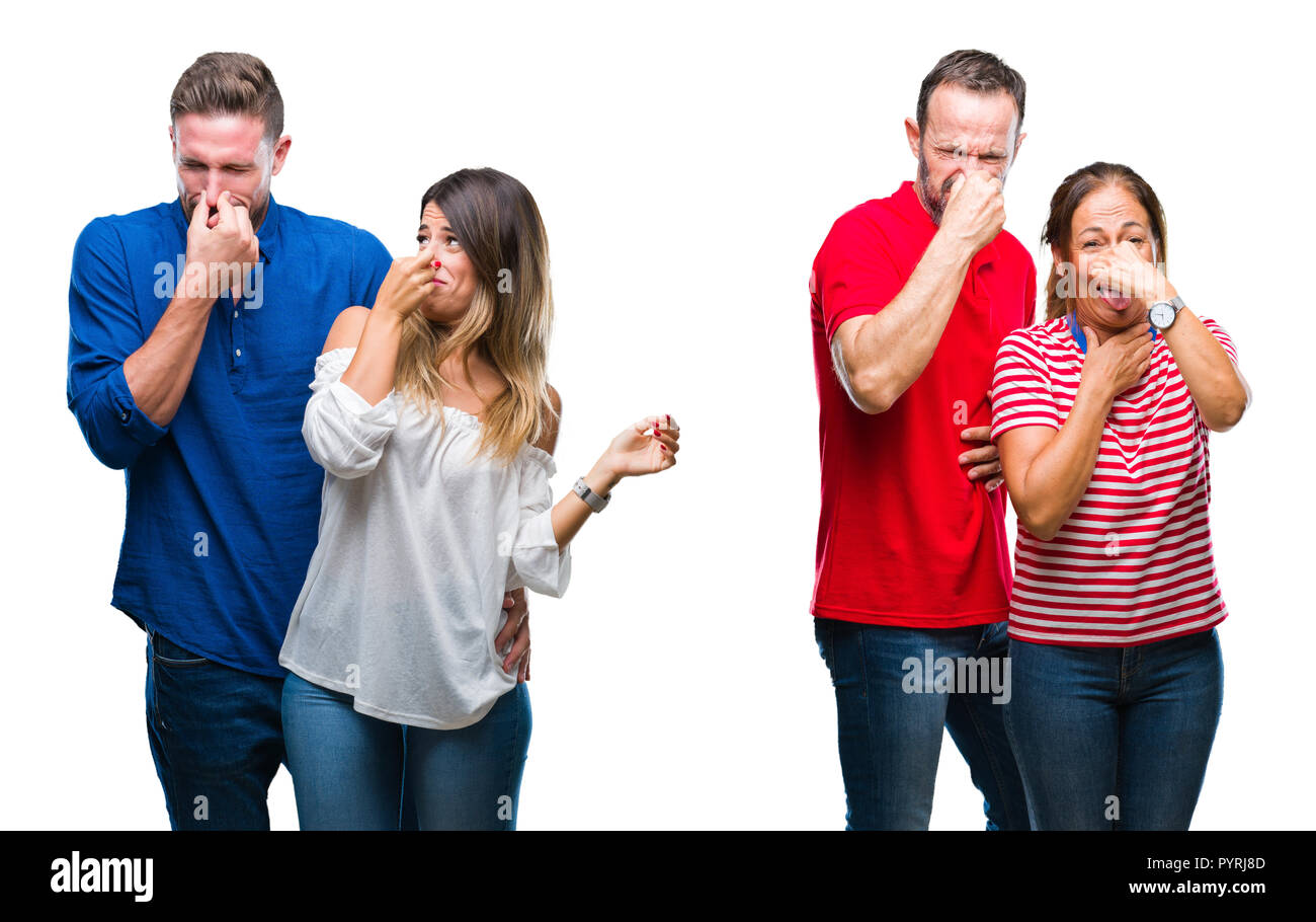 Collage of young and mature couple in love over isolated background ...