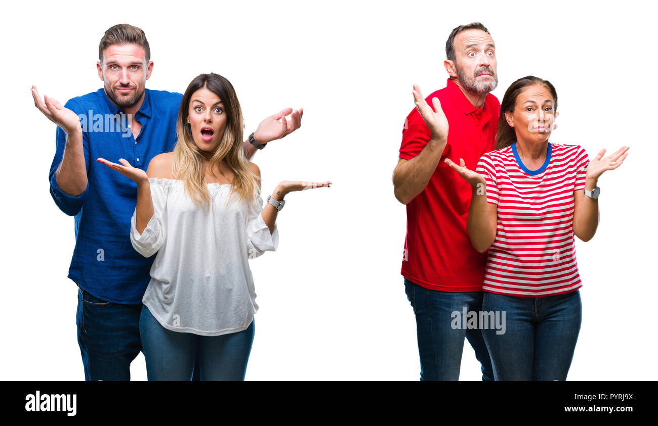 Collage of young and mature couple in love over isolated background ...