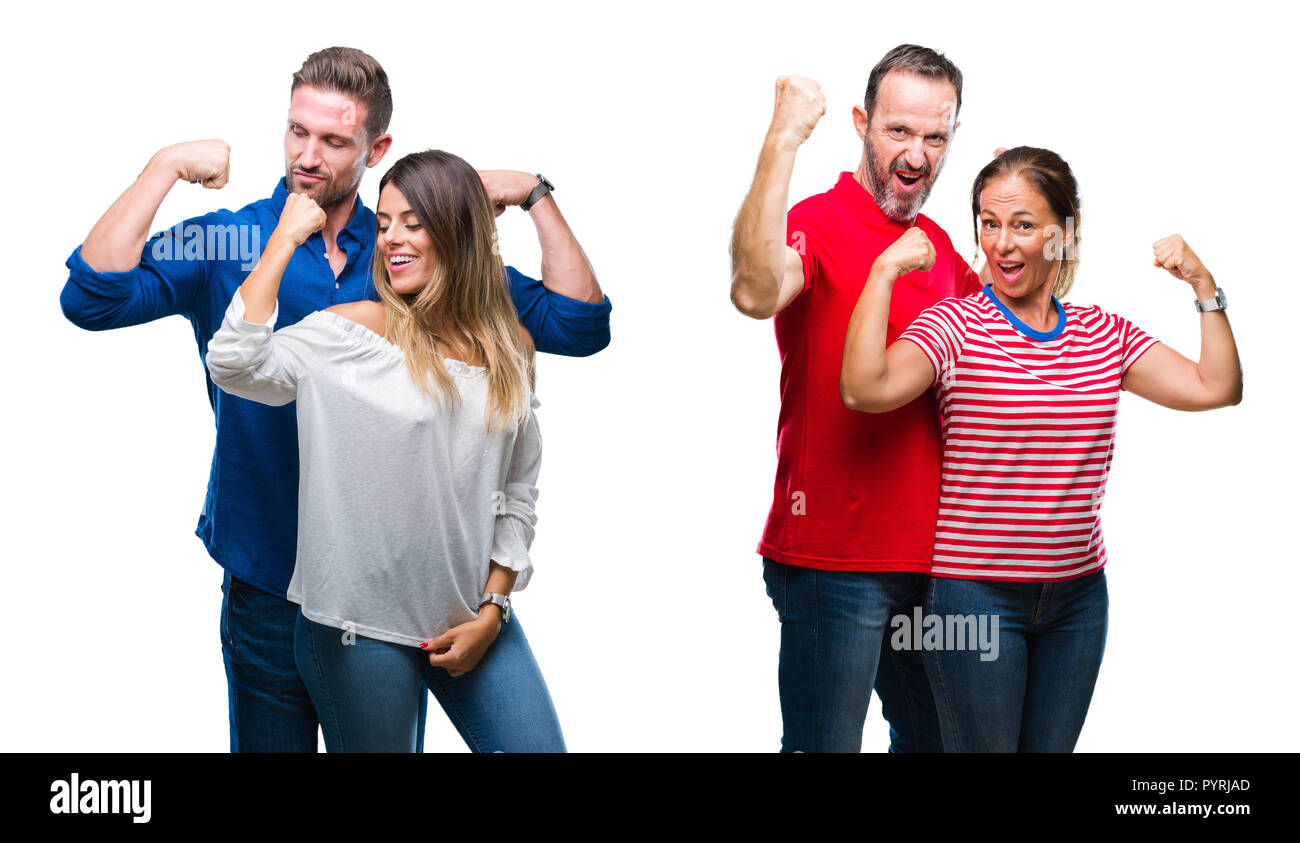 Collage of young and mature couple in love over isolated background ...