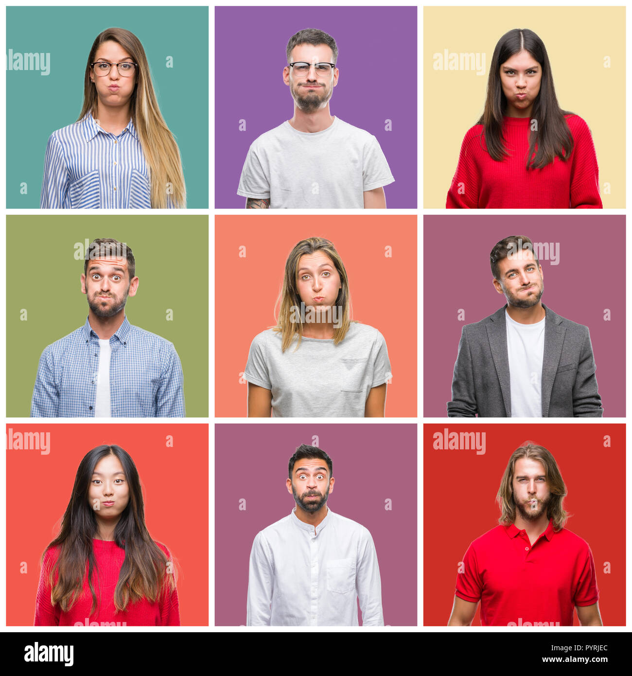 Collage of group people, women and men over colorful isolated ...