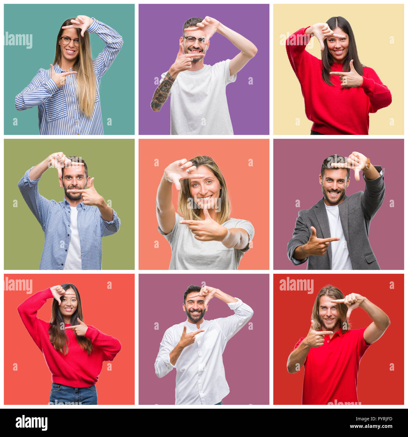 Collage of group people, women and men over colorful isolated ...