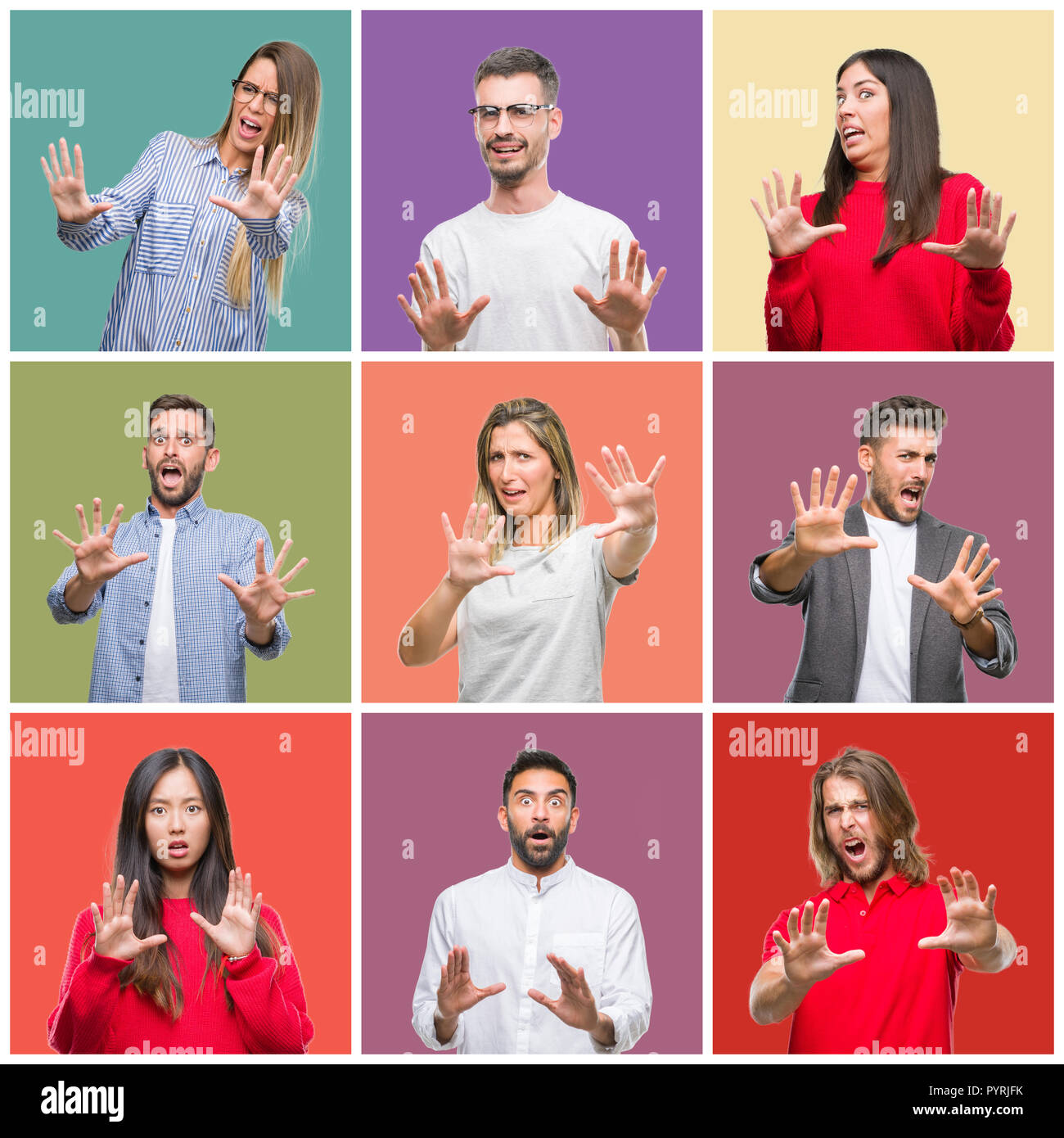 Collage of group people, women and men over colorful isolated ...