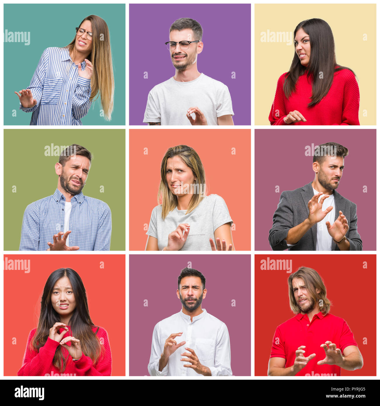 Collage of group people, women and men over colorful isolated ...