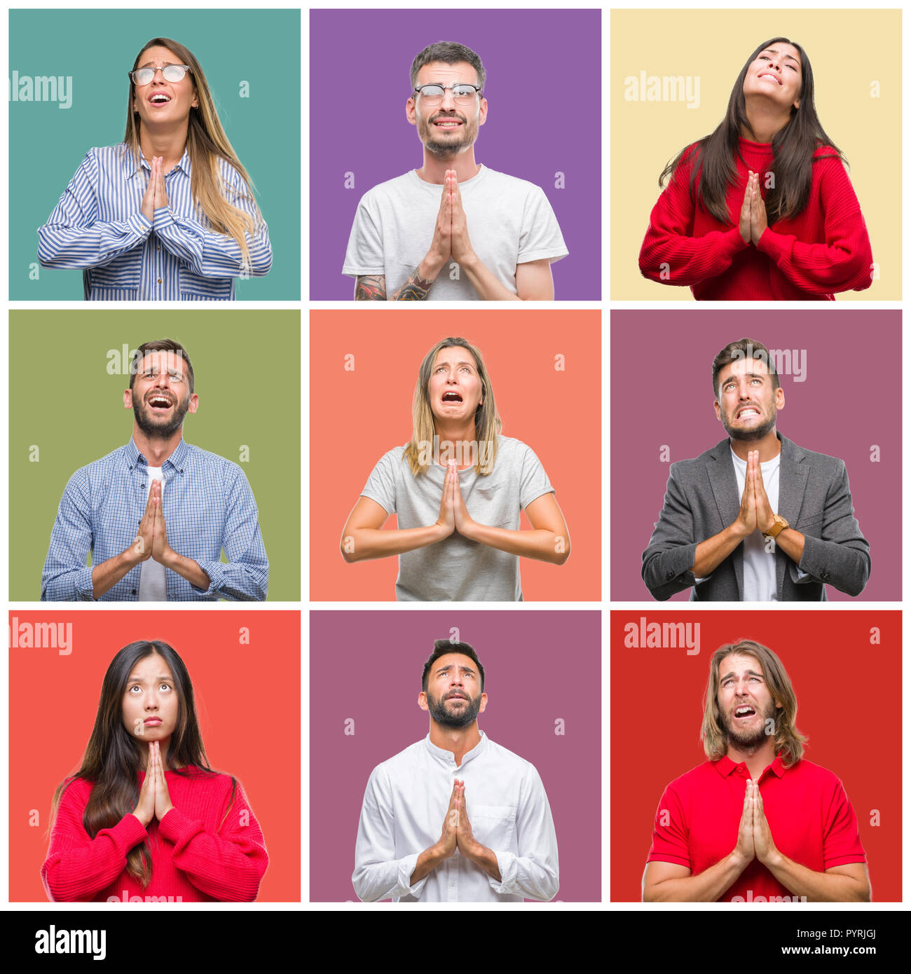 Collage of group people, women and men over colorful isolated ...