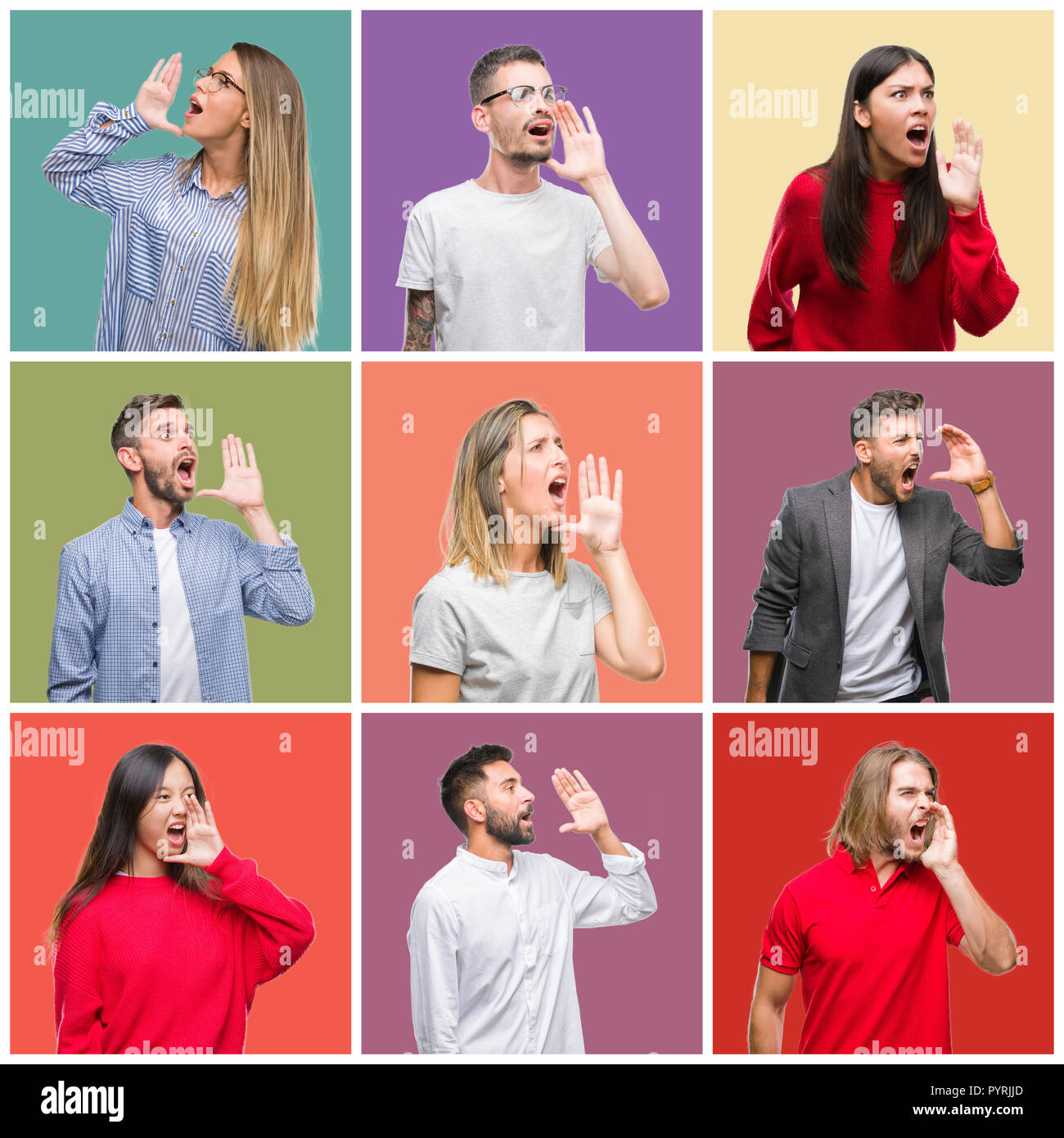 Collage of group people, women and men over colorful isolated ...