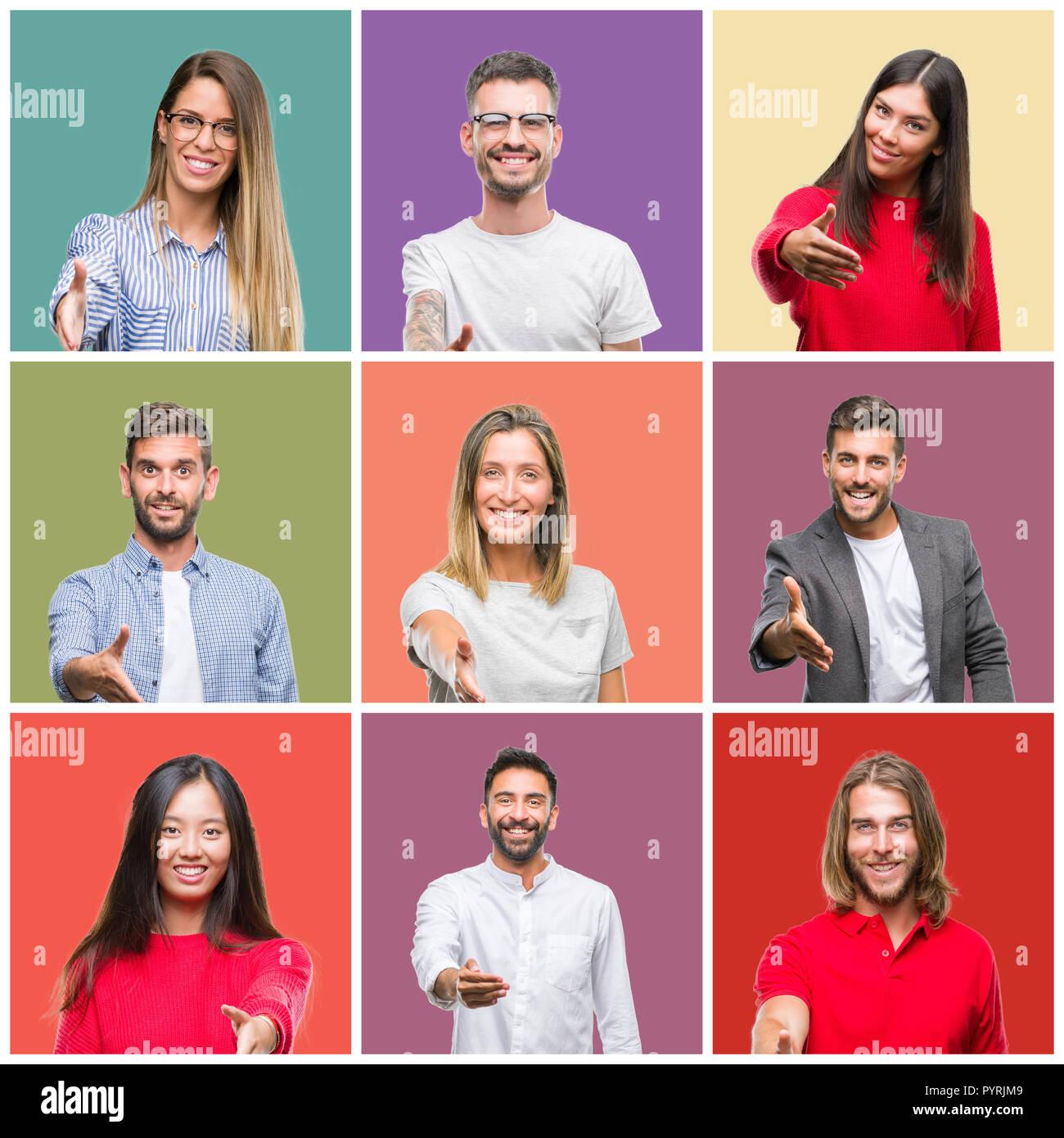 Collage of group people, women and men over colorful isolated ...