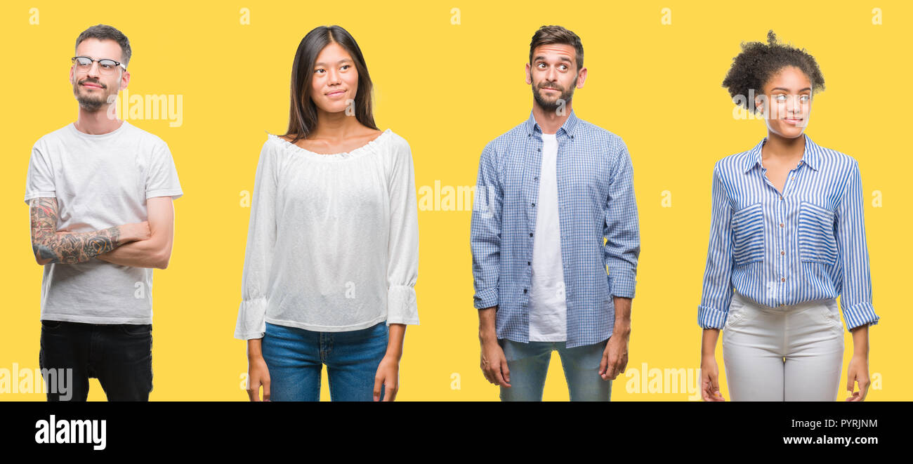 Collage of group people, women and men over colorful yellow isolated ...