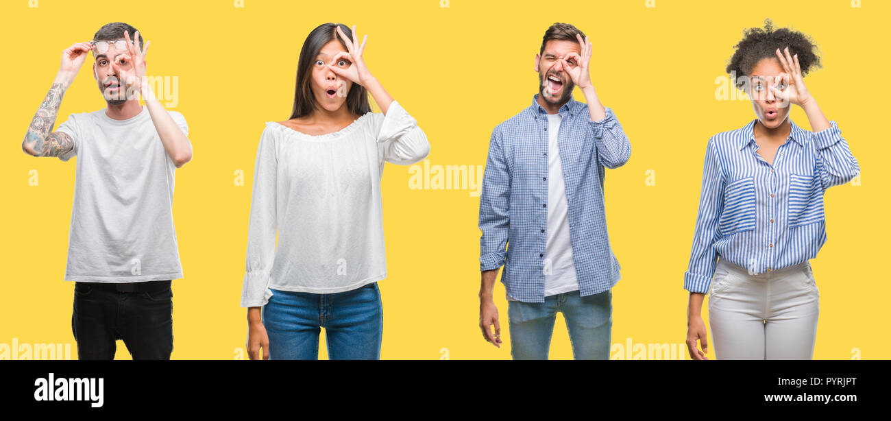 Collage of group people, women and men over colorful yellow isolated ...