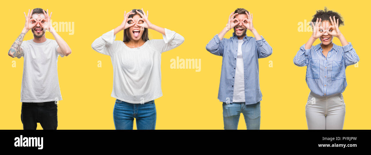 Collage of group people, women and men over colorful yellow isolated ...