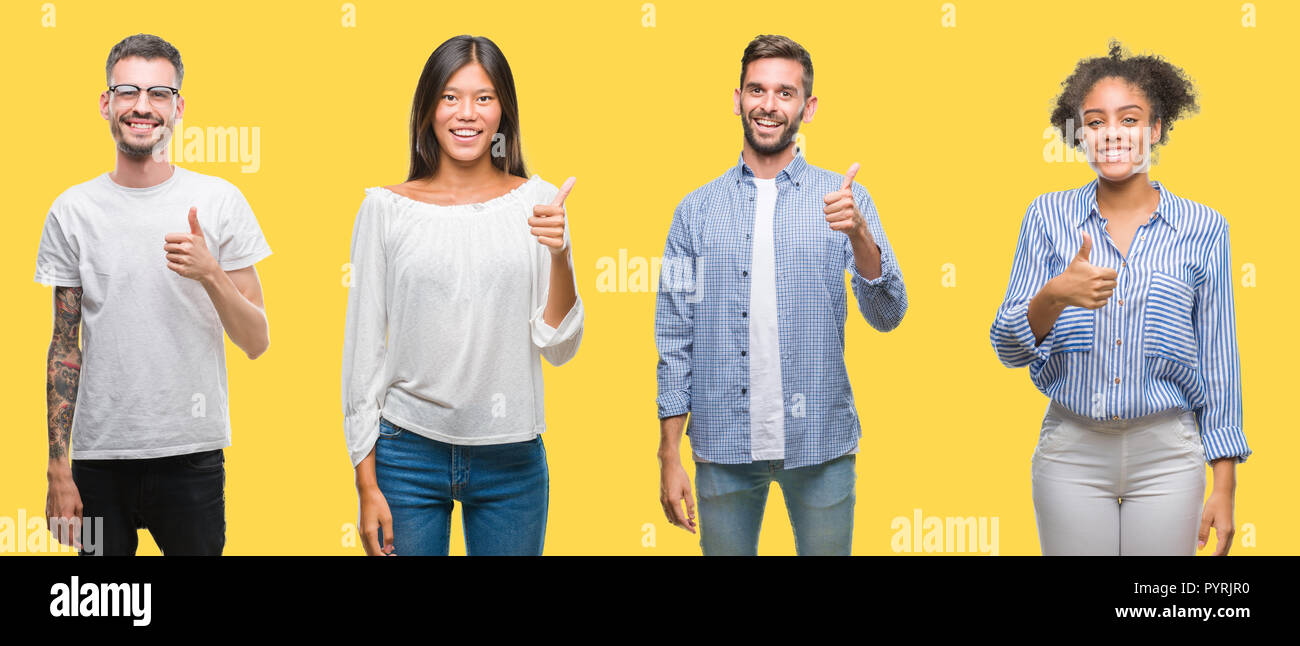 Collage of group people, women and men over colorful yellow isolated ...