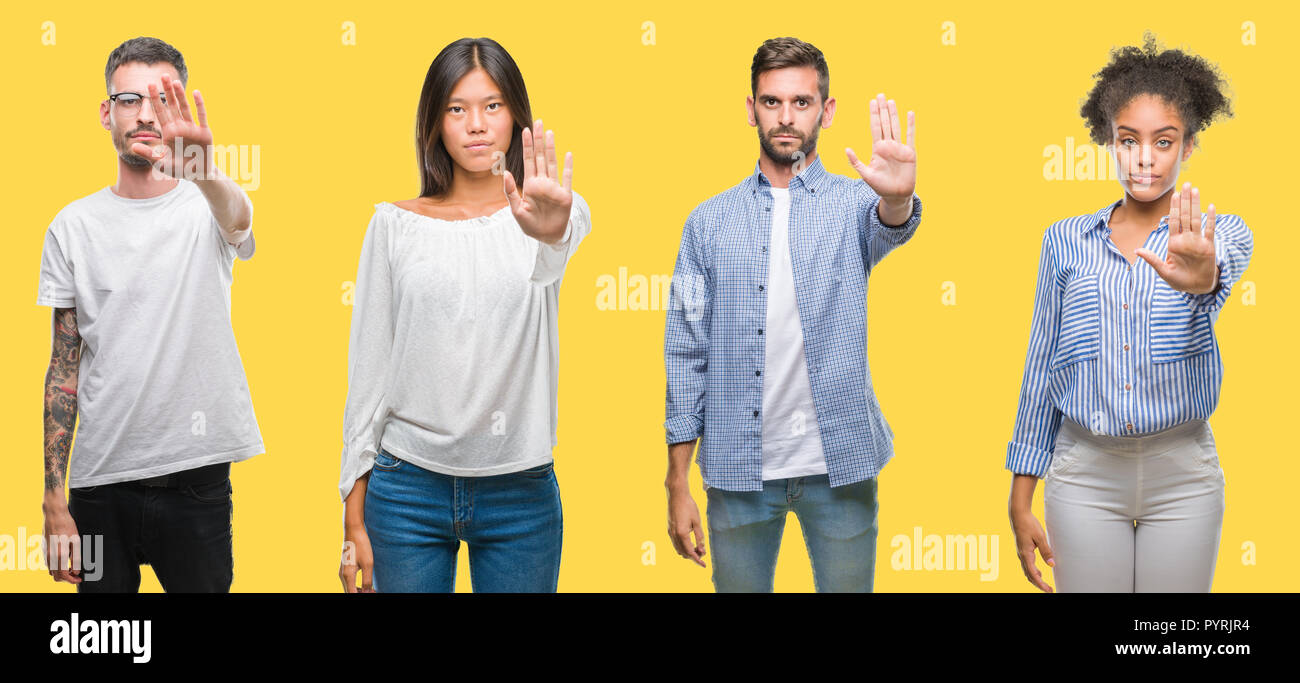 Collage of group people, women and men over colorful yellow isolated ...