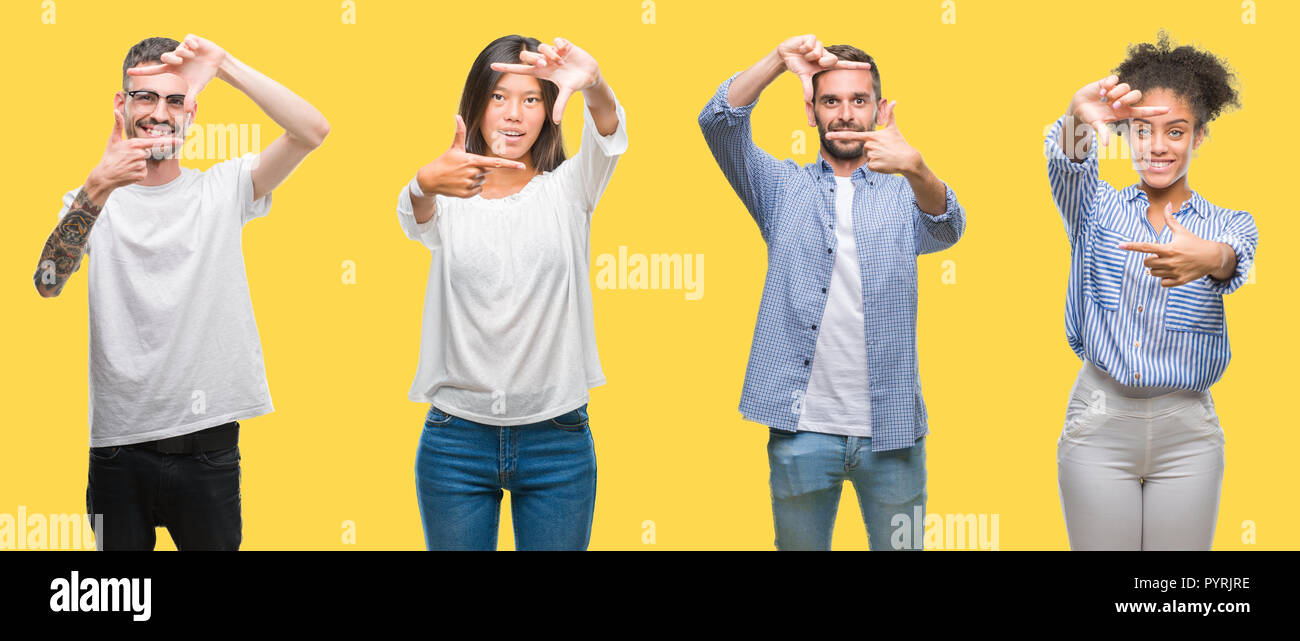 Collage of group people, women and men over colorful yellow isolated ...