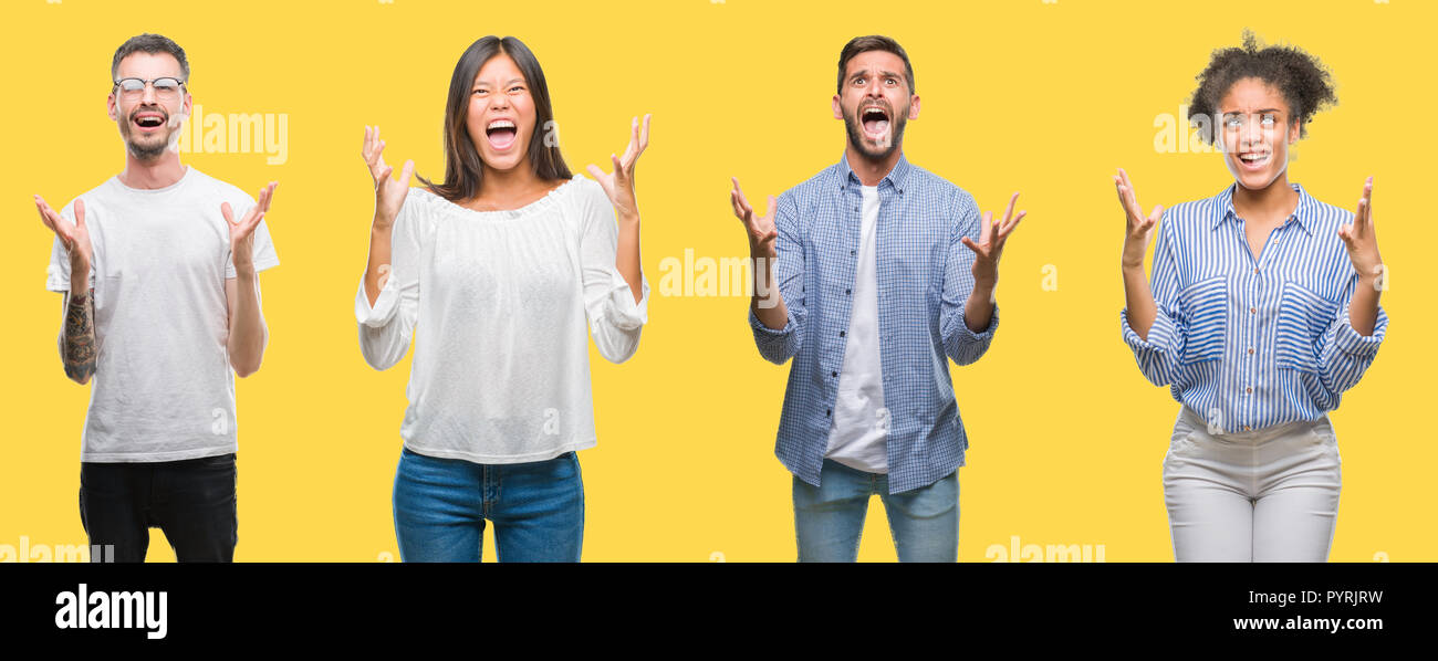 Collage of group people, women and men over colorful yellow isolated ...