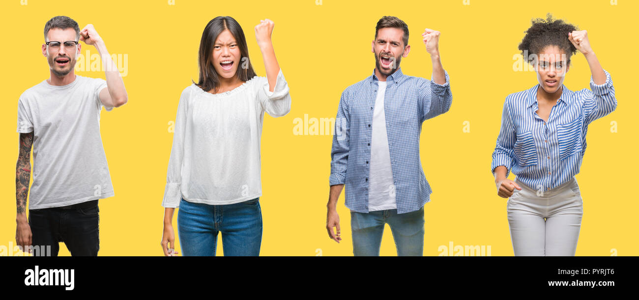 Collage of group people, women and men over colorful yellow isolated ...
