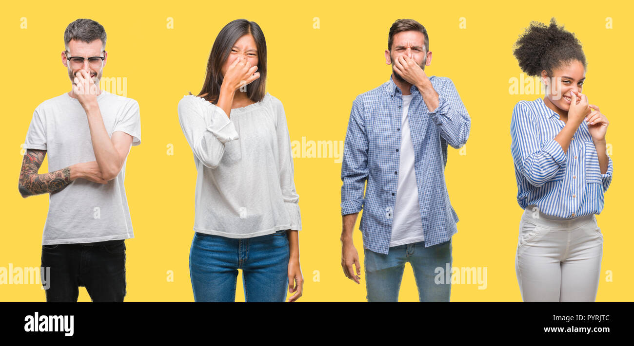 Collage of group people, women and men over colorful yellow isolated ...