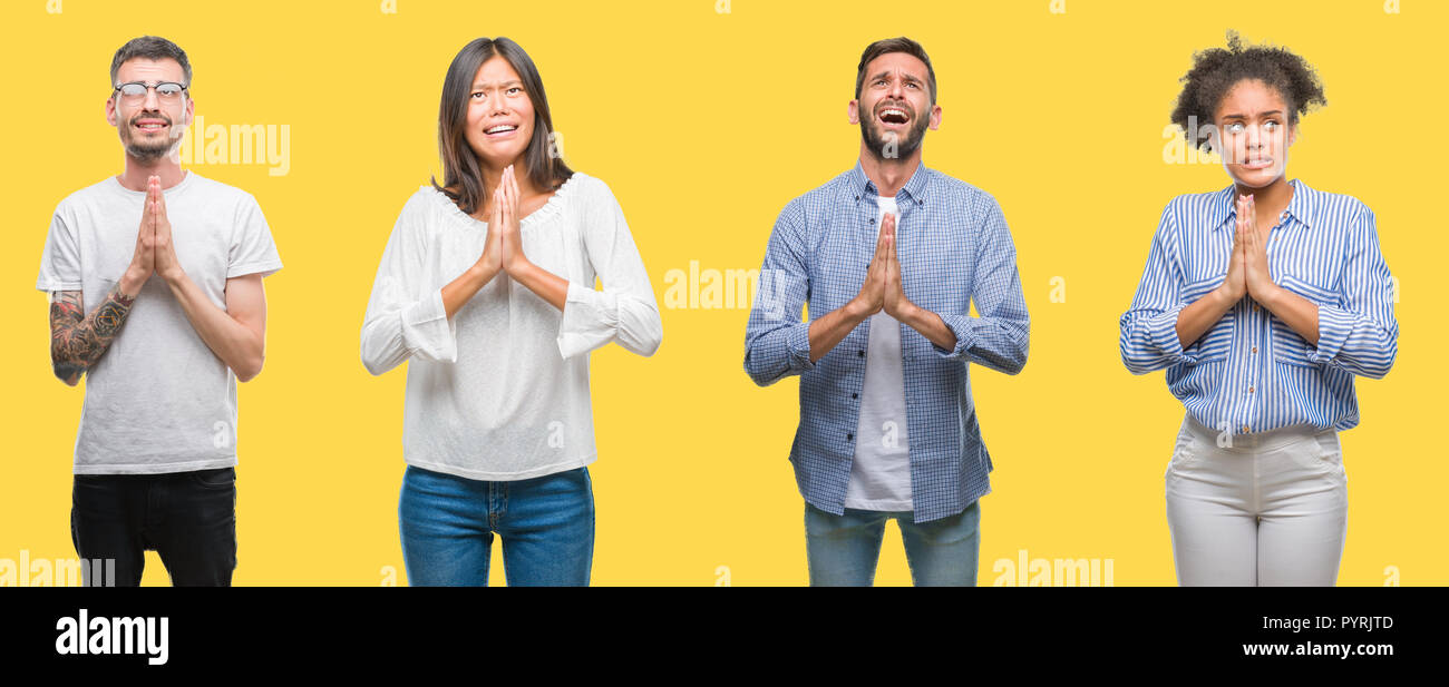 Collage of group people, women and men over colorful yellow isolated ...