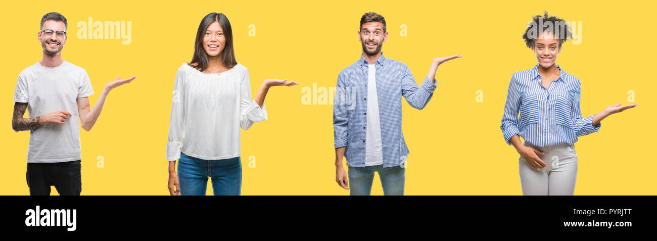 Collage of group people, women and men over colorful yellow isolated ...