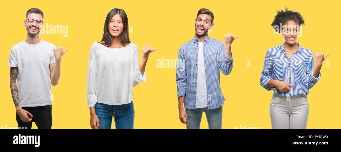 Collage of group people, women and men over colorful yellow isolated ...