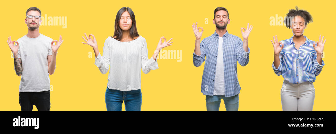 Collage of group people, women and men over colorful yellow isolated ...