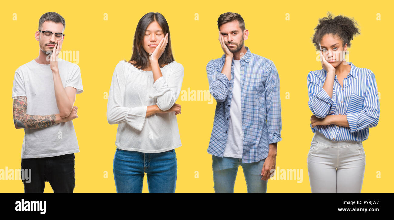 Collage of group people, women and men over colorful yellow isolated ...