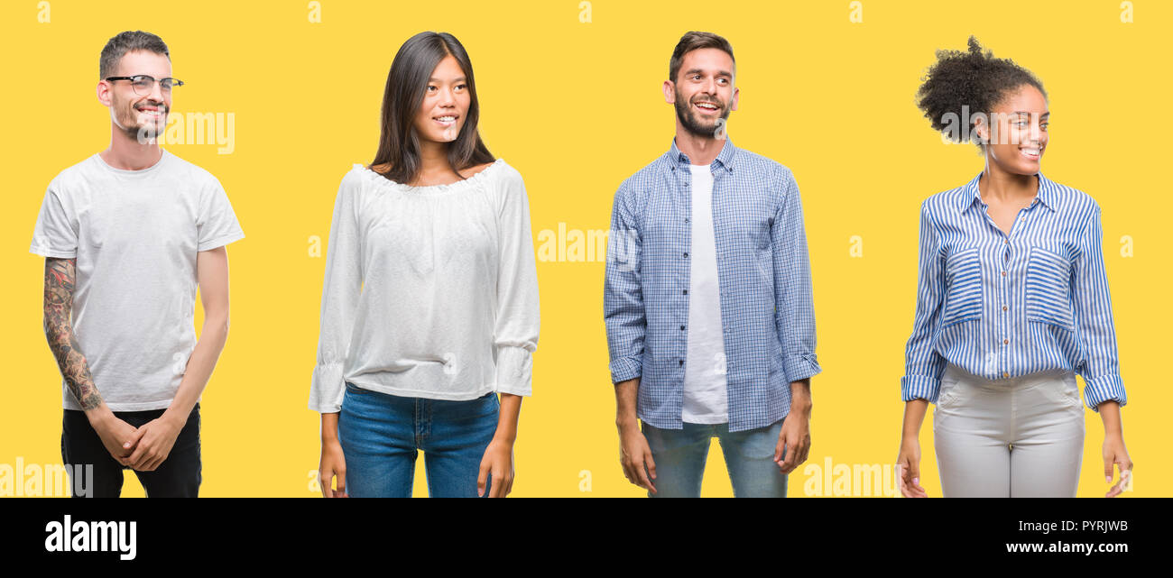 Collage of group people, women and men over colorful yellow isolated ...