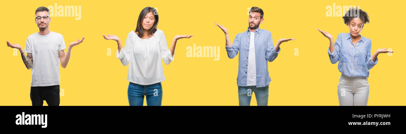 Collage of group people, women and men over colorful yellow isolated ...