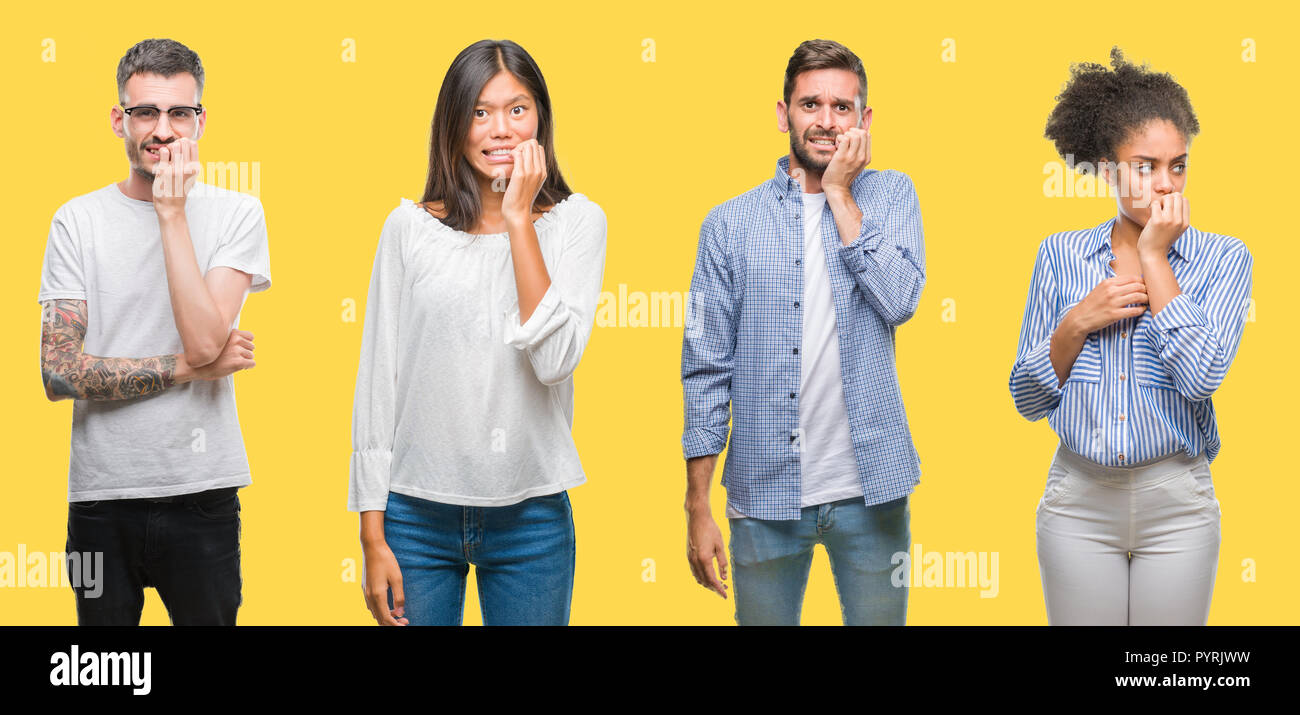 Collage of group people, women and men over colorful yellow isolated ...